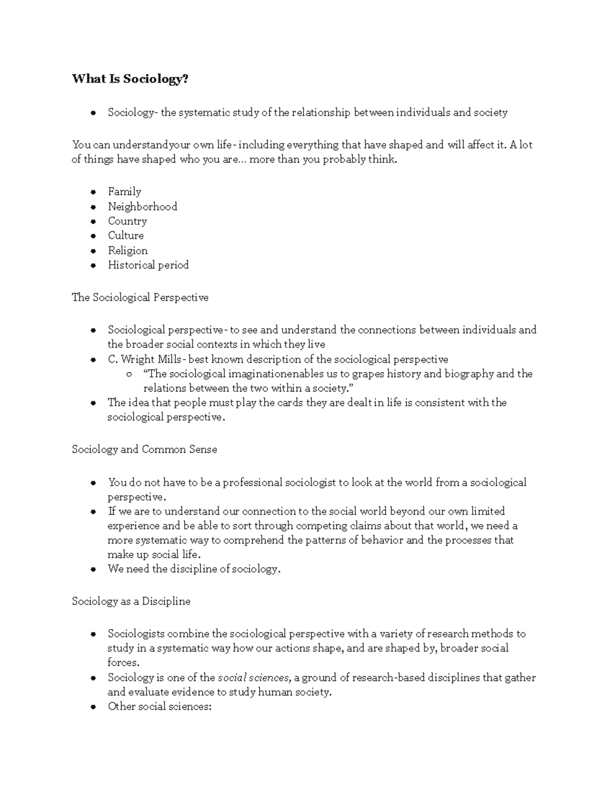 SOCL 2001 Ch.1 - Chapter 1 notes - What Is Sociology? Sociology- the ...