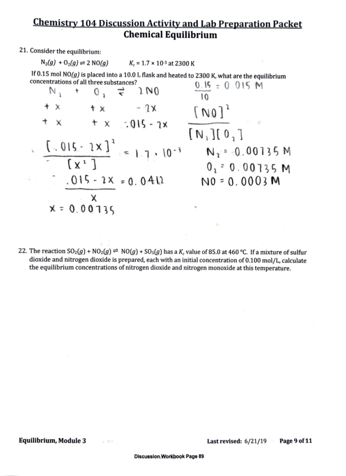 Discussion Module 3: Chemical Equilibrium - Chemistry 104 Di scussion ...