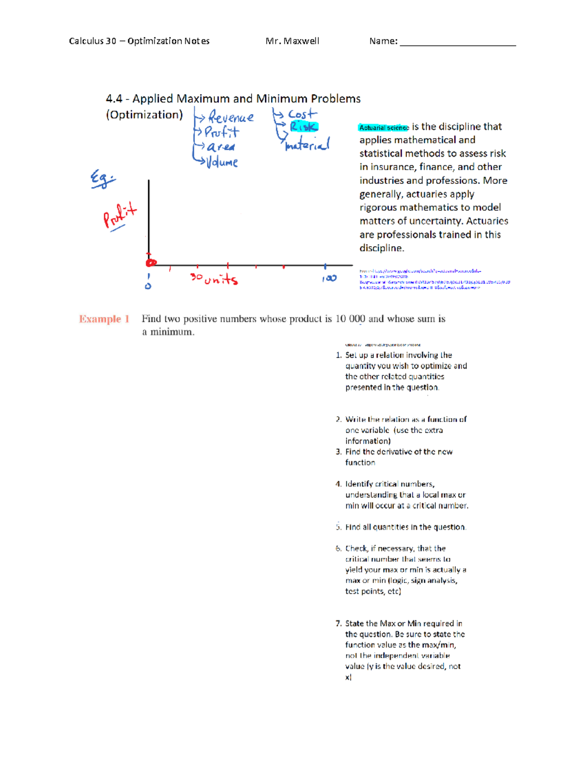 Calc 30 Optimization Notes Student 1 - Mathematics: Applications and ...