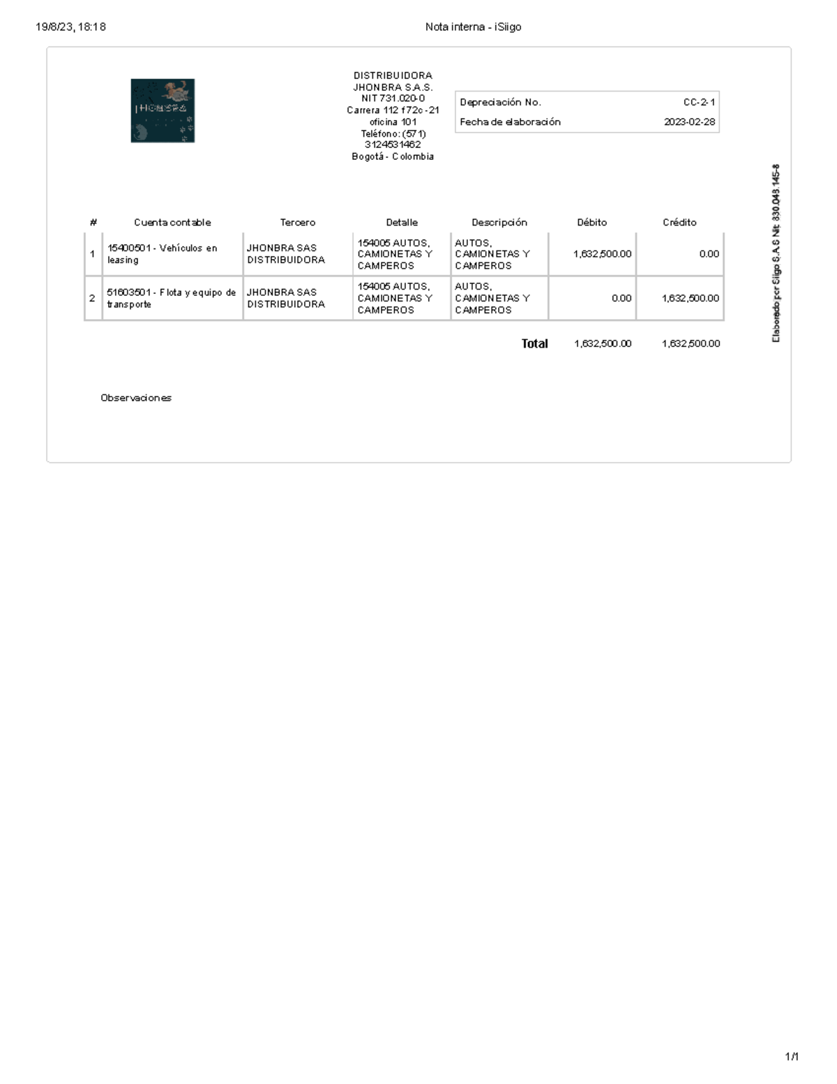 19.1 Depreciacion Vehiculo Importado - 19/8/23, 18:18 Nota interna ...