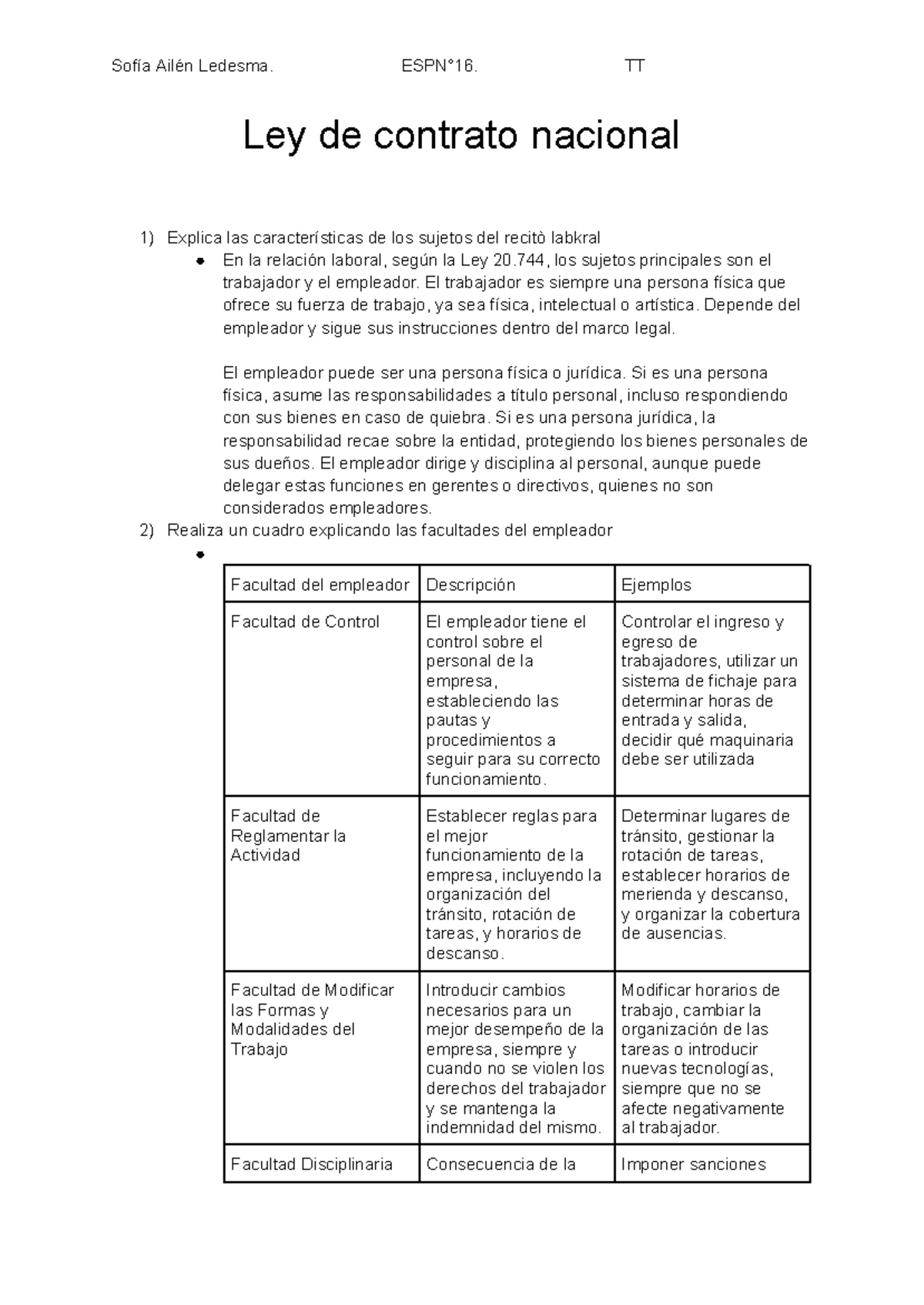 Ley de contrato nacional - Sofía Ailén Ledesma. ESPN°16. TT Ley de contrato nacional 1) Explica ...