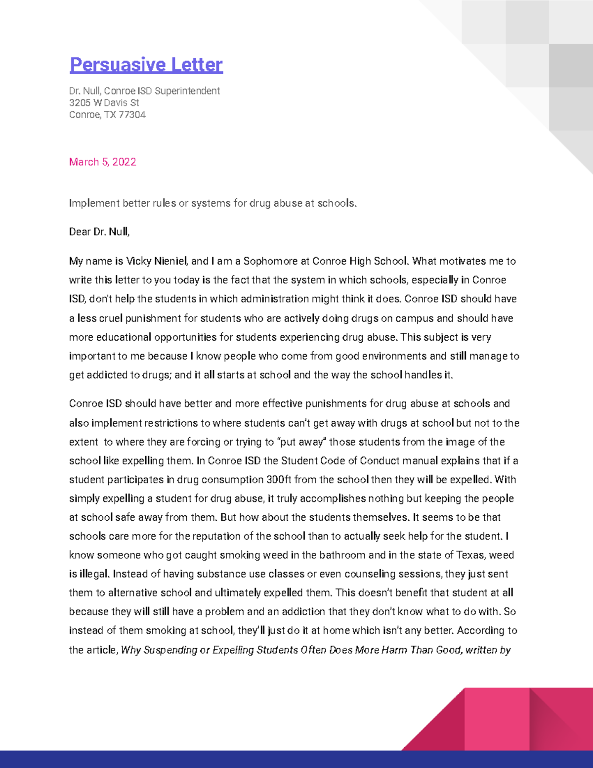 Persuasive Letter - Null, Conroe ISD Superintendent 3205 W Davis St ...