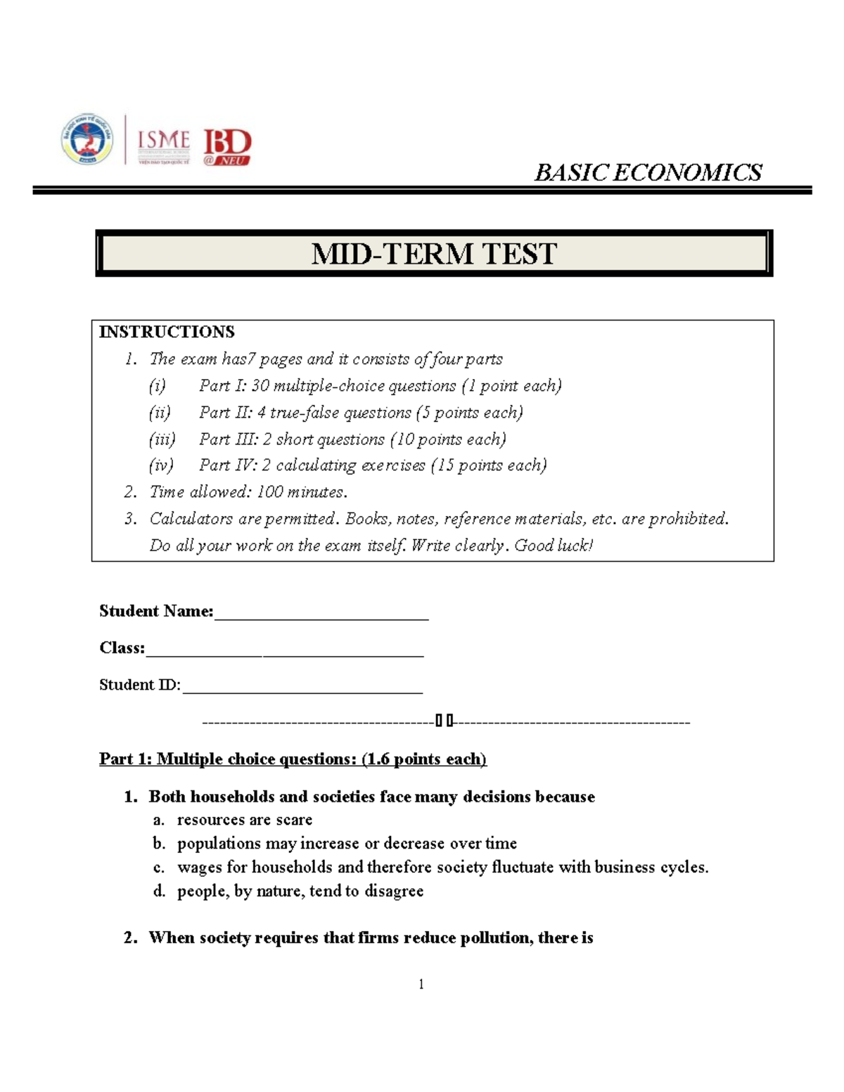 MID-TERM BE - BASIC ECONOMICS MID-TERM TEST INSTRUCTIONS 1. The exam ...