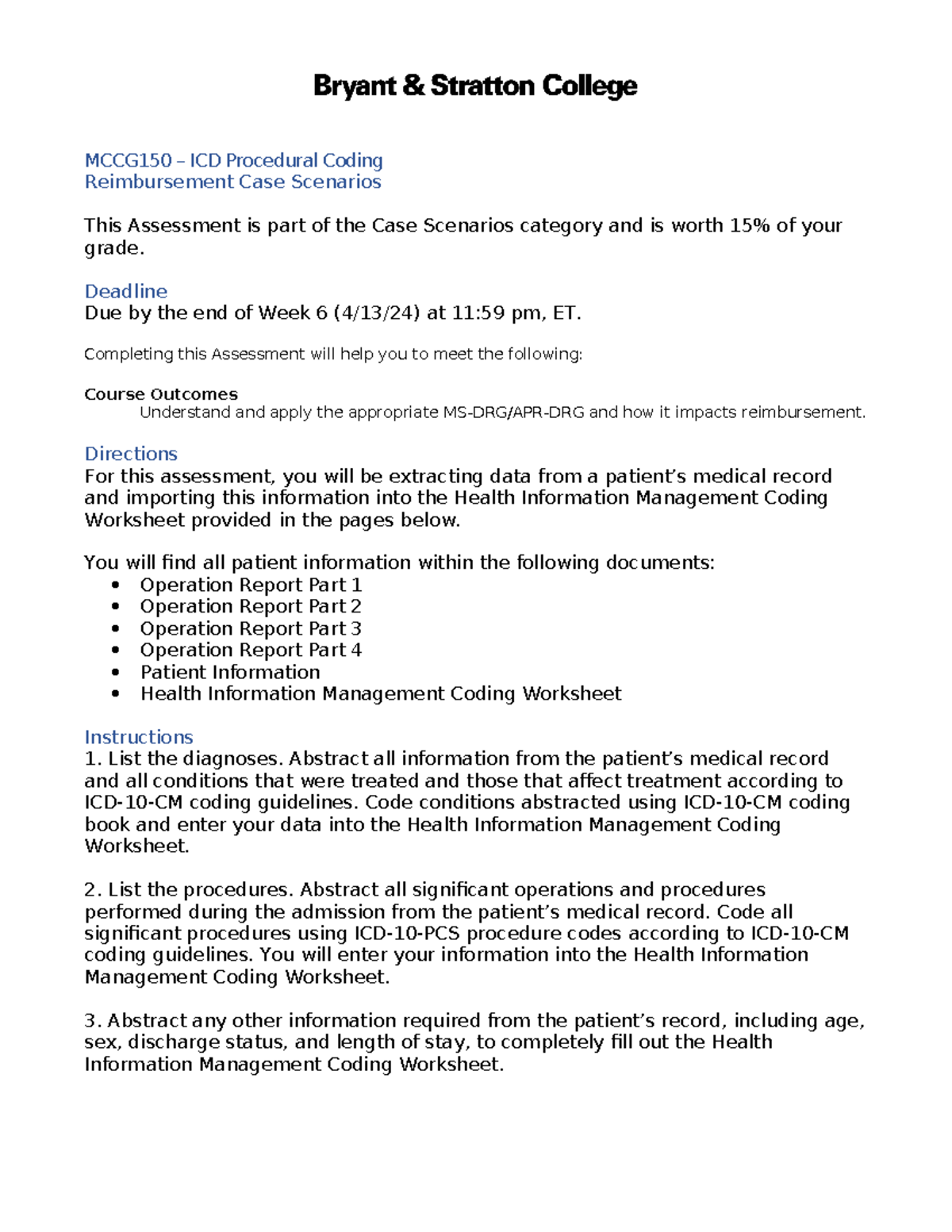 MCCG150 - Reimbursement Case Scenarios - MCCG150 – ICD Procedural Coding Reimbursement Case ...