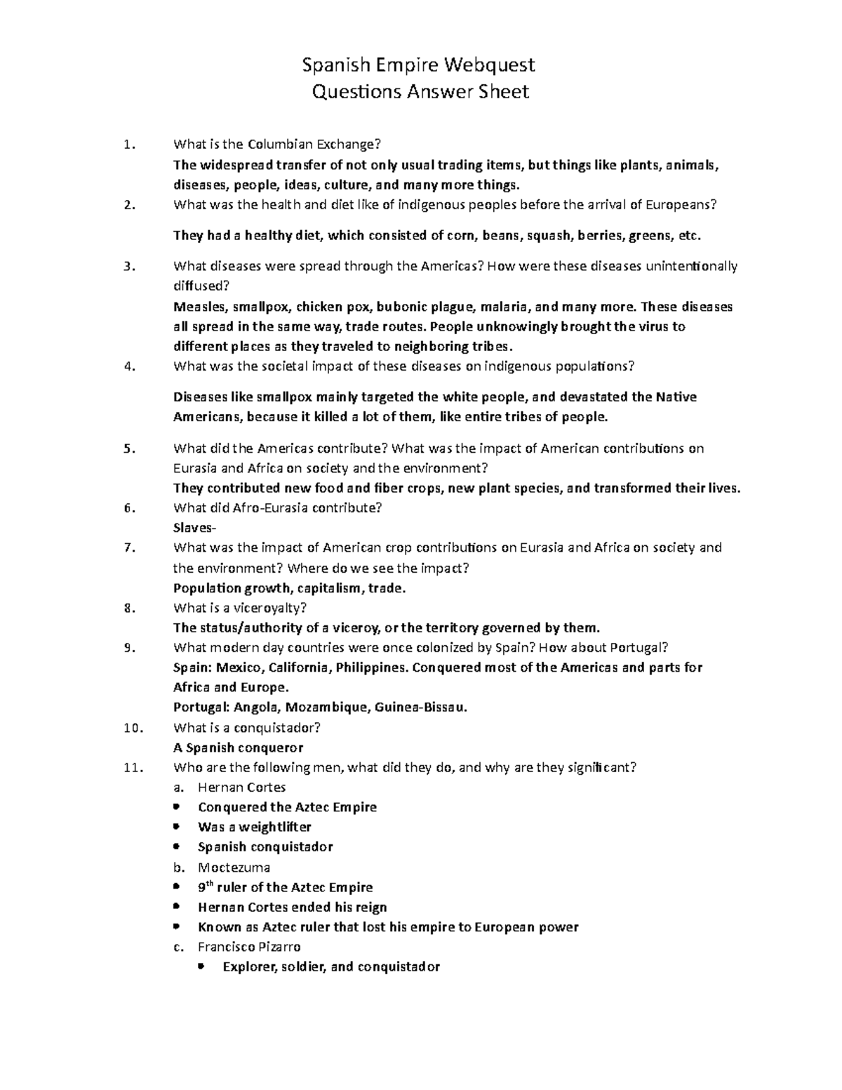 Spanish Colonization Webquest Question Sheet Answers! - Spanish Empire ...