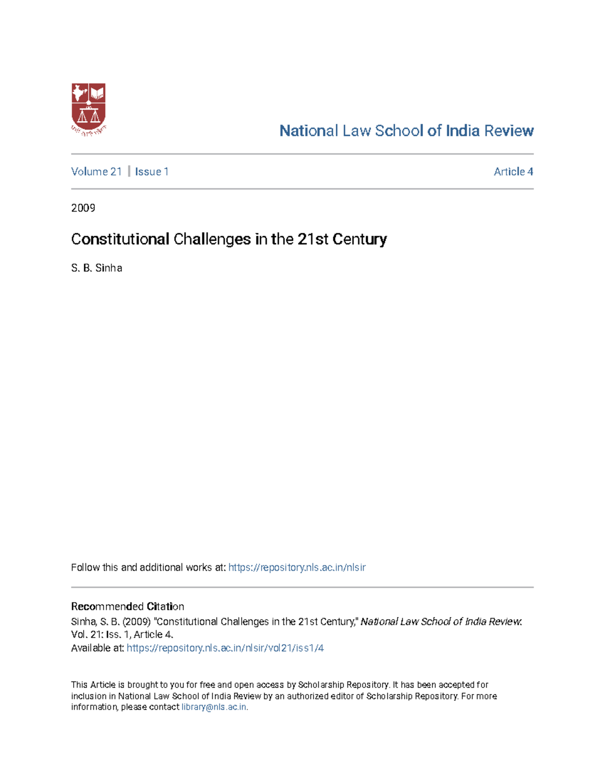 Constitutional Challenges in the 21st Century - B. Sinha Follow this ...