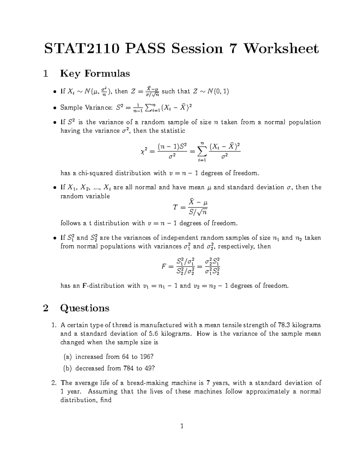 STAT2110 PASS Session 7 Worksheet - STAT2110 PASS Session 7 Worksheet 1 ...