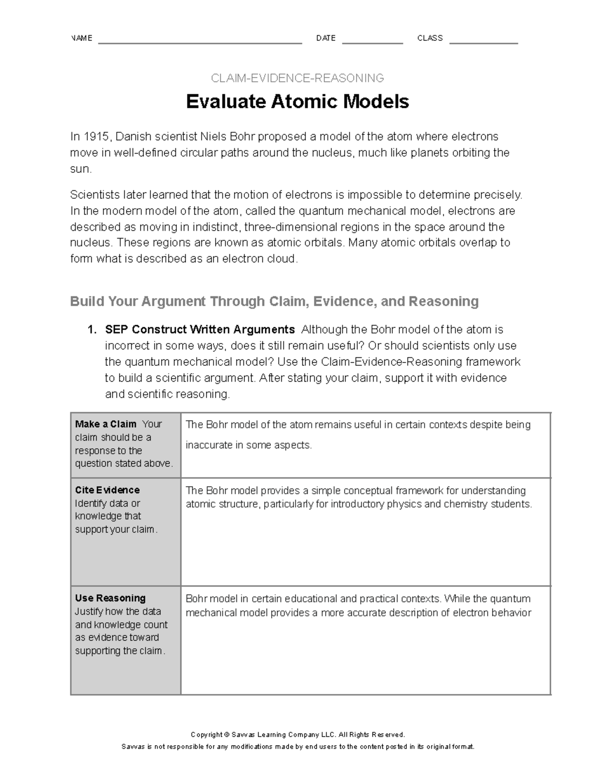 Copy of Claim- Evidence- Reasoning Evaluate Atomic Models - NAME DATE ...