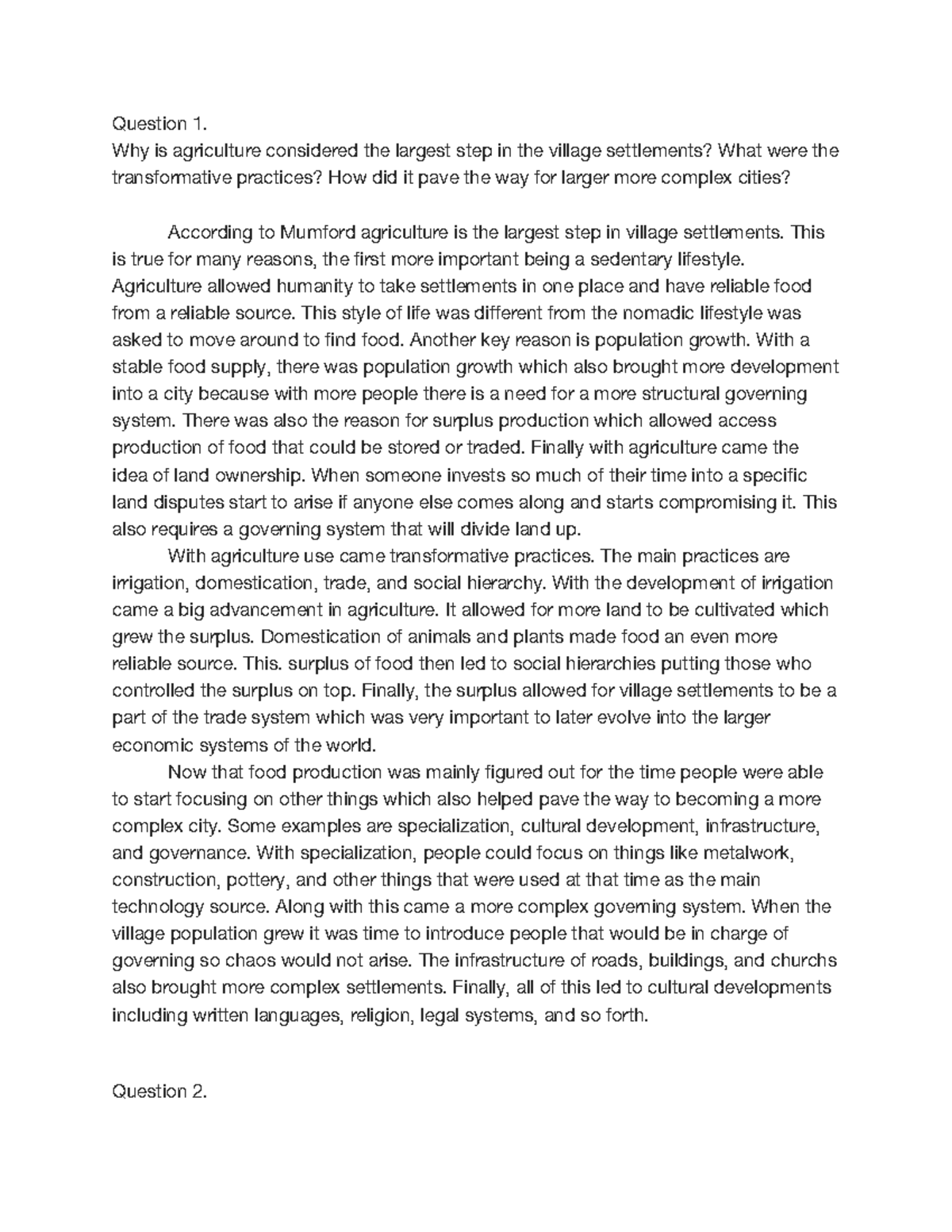 Reading Response 1 - Question 1. Why is agriculture considered the ...
