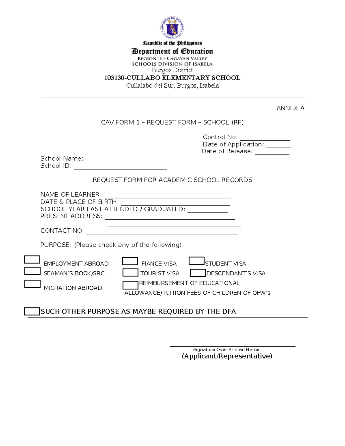 CAV FORM - 103130-CULLABO ELEMENTARY SCHOOL Cullalabo del Sur, Burgos ...