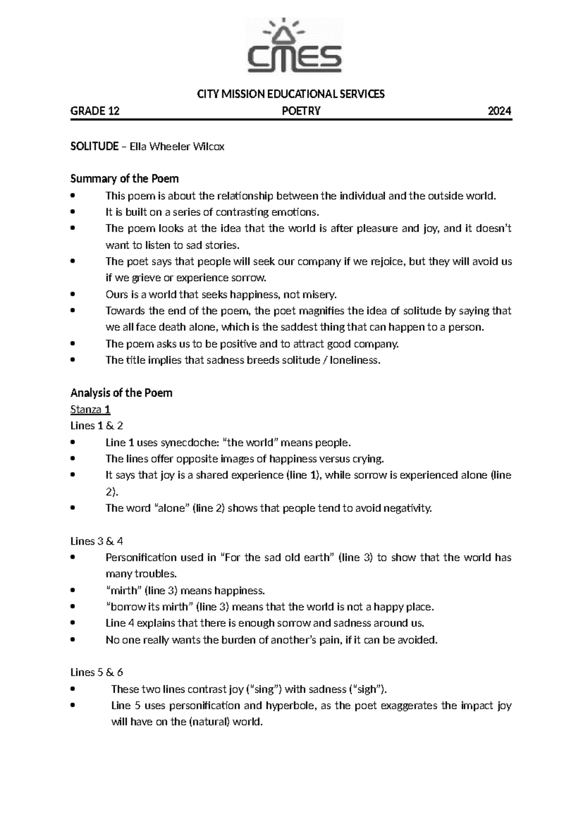 Solitude Notes - CITY MISSION EDUCATIONAL SERVICES GRADE 12 POETRY 2024 ...