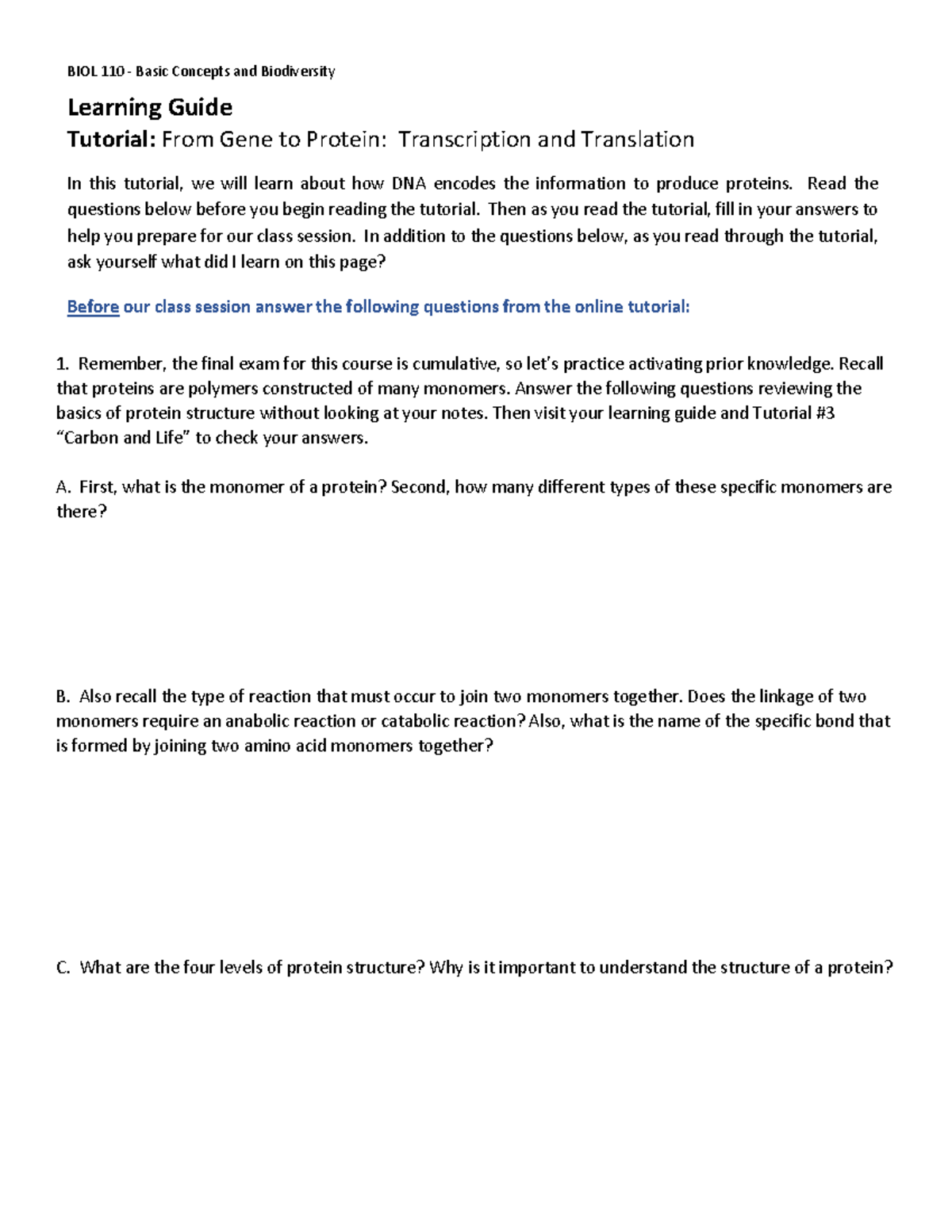 Learning guide 19 - BIOL 110 - Basic Concepts and Biodiversity Learning ...