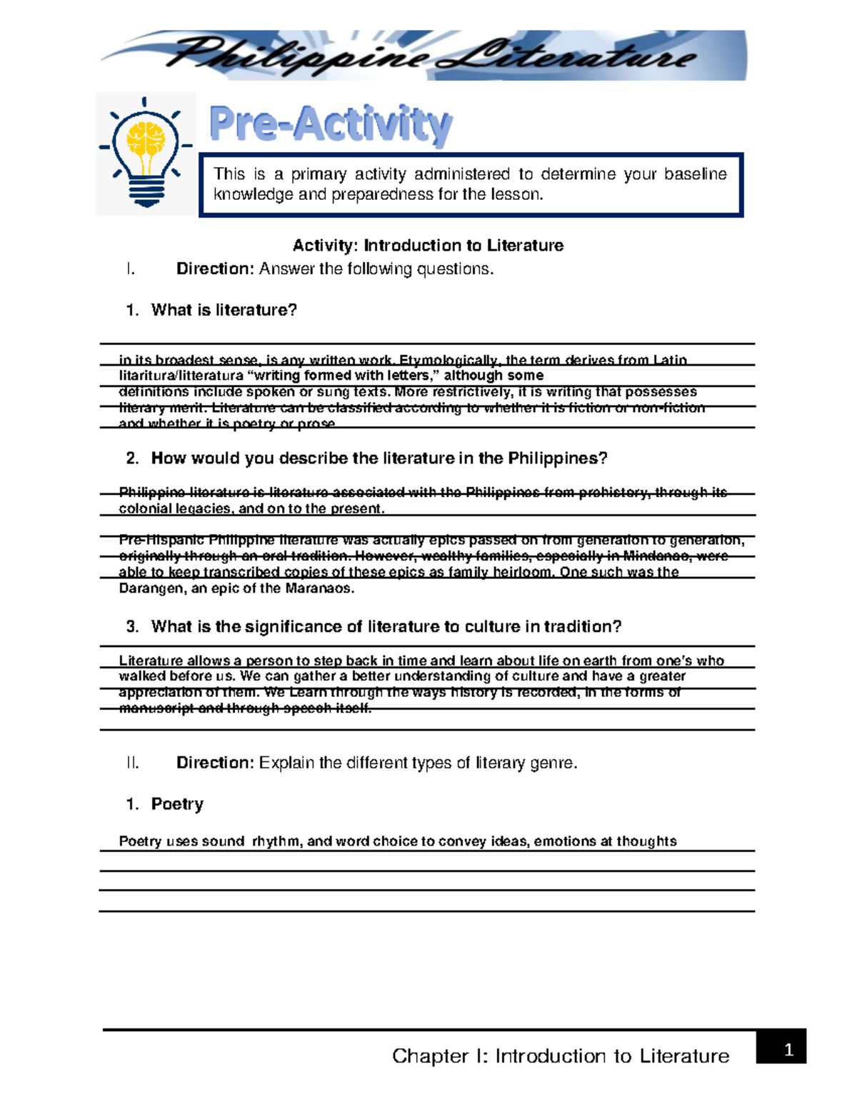 Chapter 1 - Preactivity - Introduction TO Literature Module - Chapter I ...