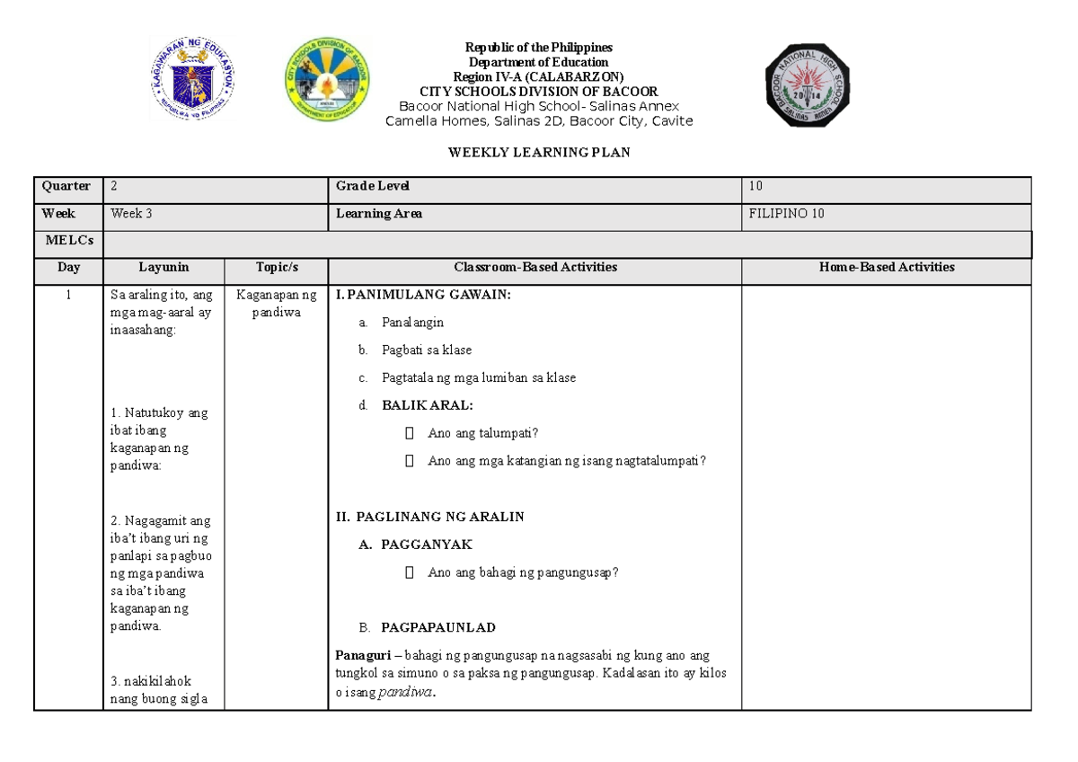 Weekly-Learning-Plan-W3 - Department of Education Region IV-A ...