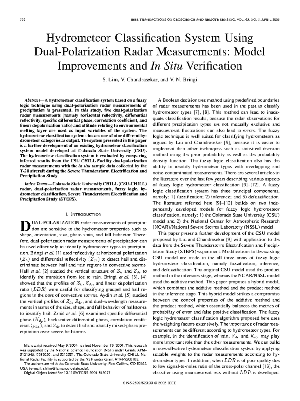 Hydrometeor Classification System Using dual-polarization - 792 IEEE TRANSACTIONS ON GEOSCIENCE ...
