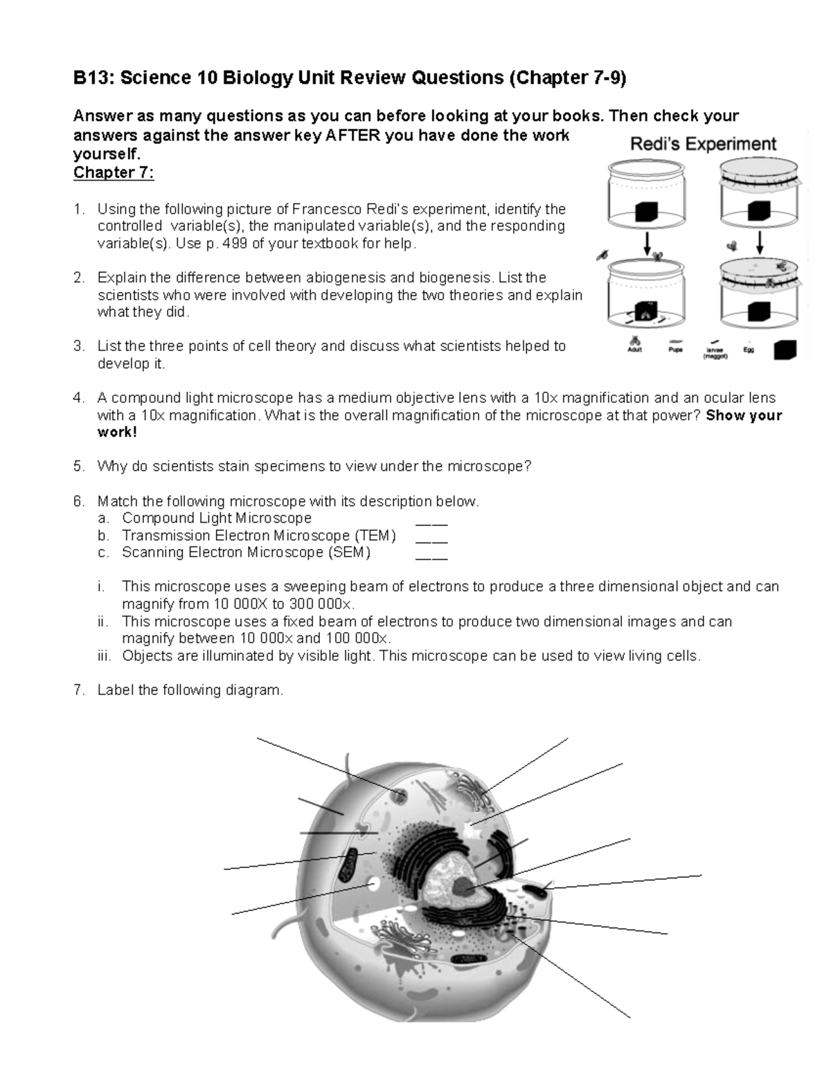 Biology Review - B13: Science 10 Biology Unit Review Questions (Chapter ...