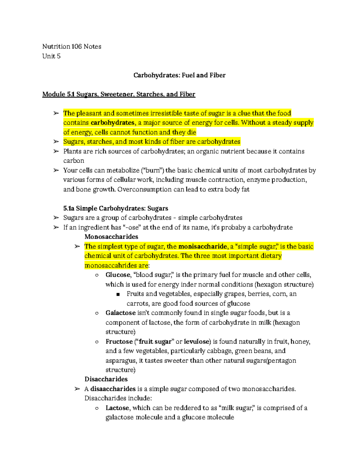 Nutrition 106 Notes Unit 5 Carbohydrates Fuel and Fiber - Nutrition 106 ...