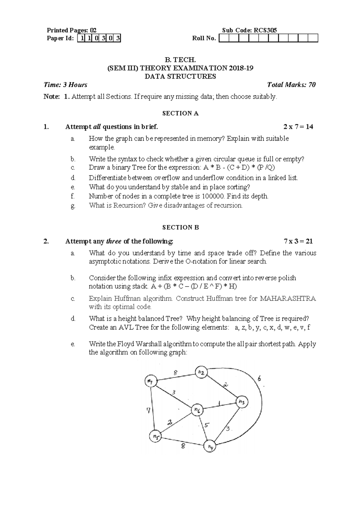 Btech cs 3 sem data structures rcs305 2019 - Printed Pages: 02 Sub Code: RCS Paper Id: 1 1 0 3 0 ...