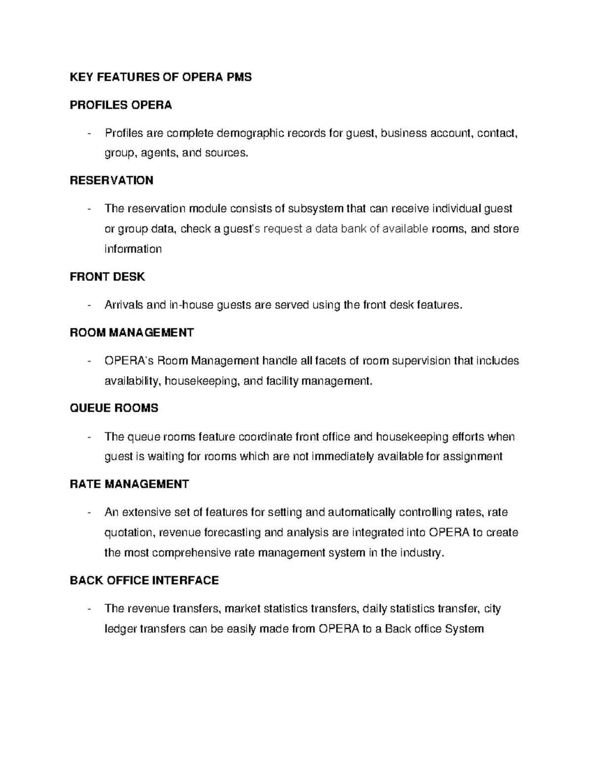 KEY Features OF Opera PMS - Hotel and Restaurant Administration - Studocu