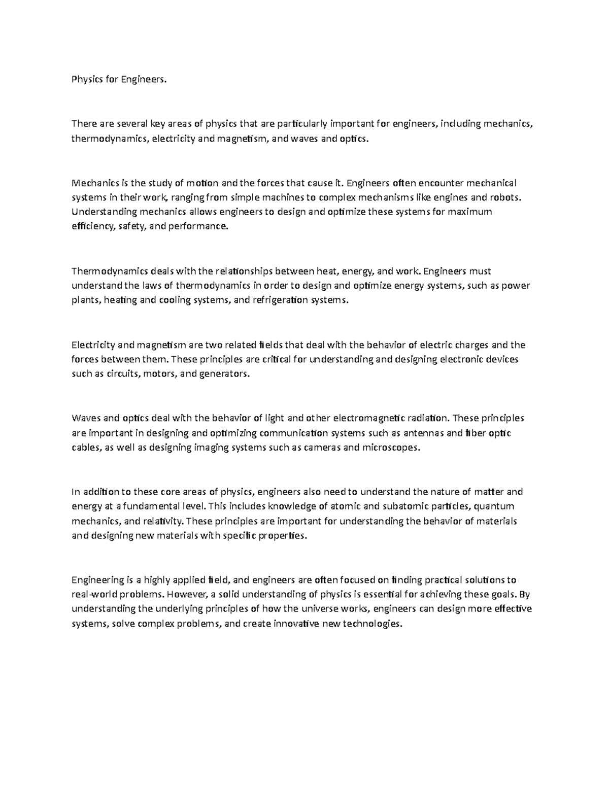 Physics for Engineers - There are several key areas of physics that are particularly important ...