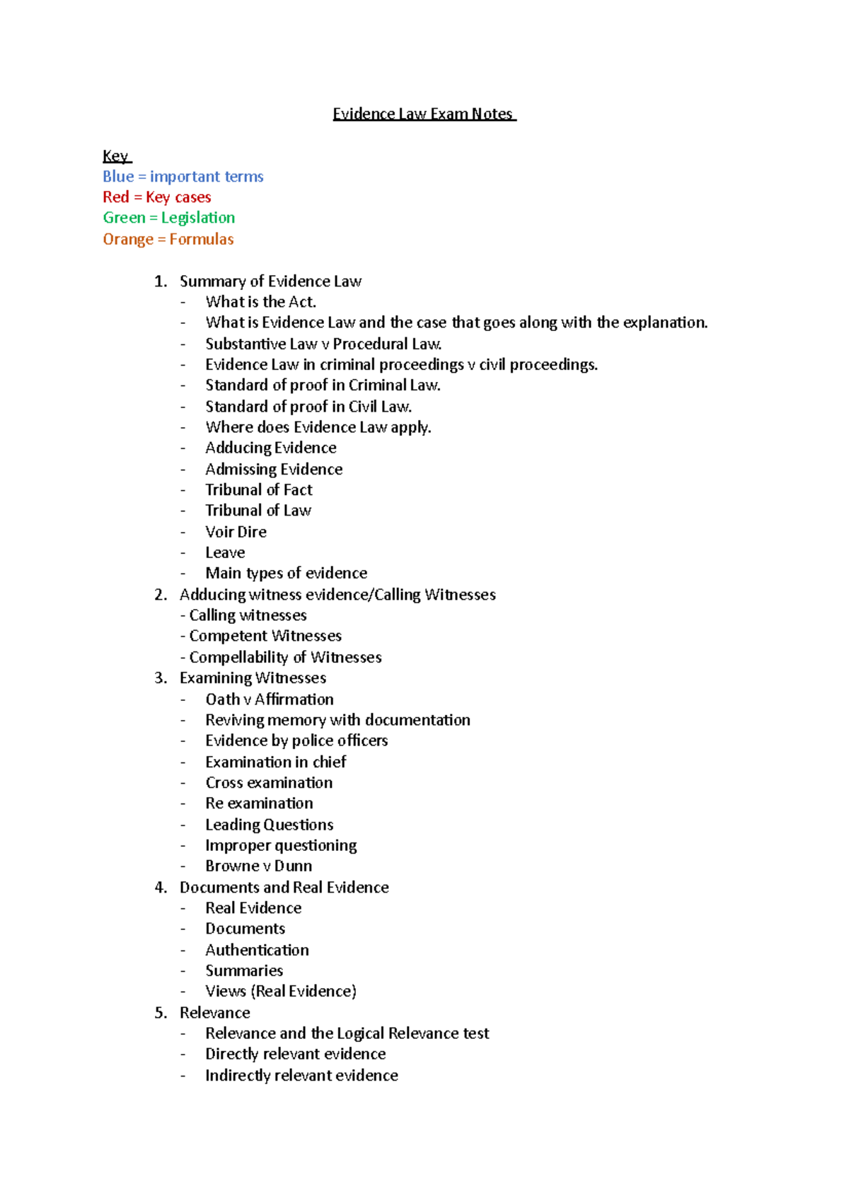 Evidence Law Exam Notes - Evidence Law Exam Notes Key Blue = important ...