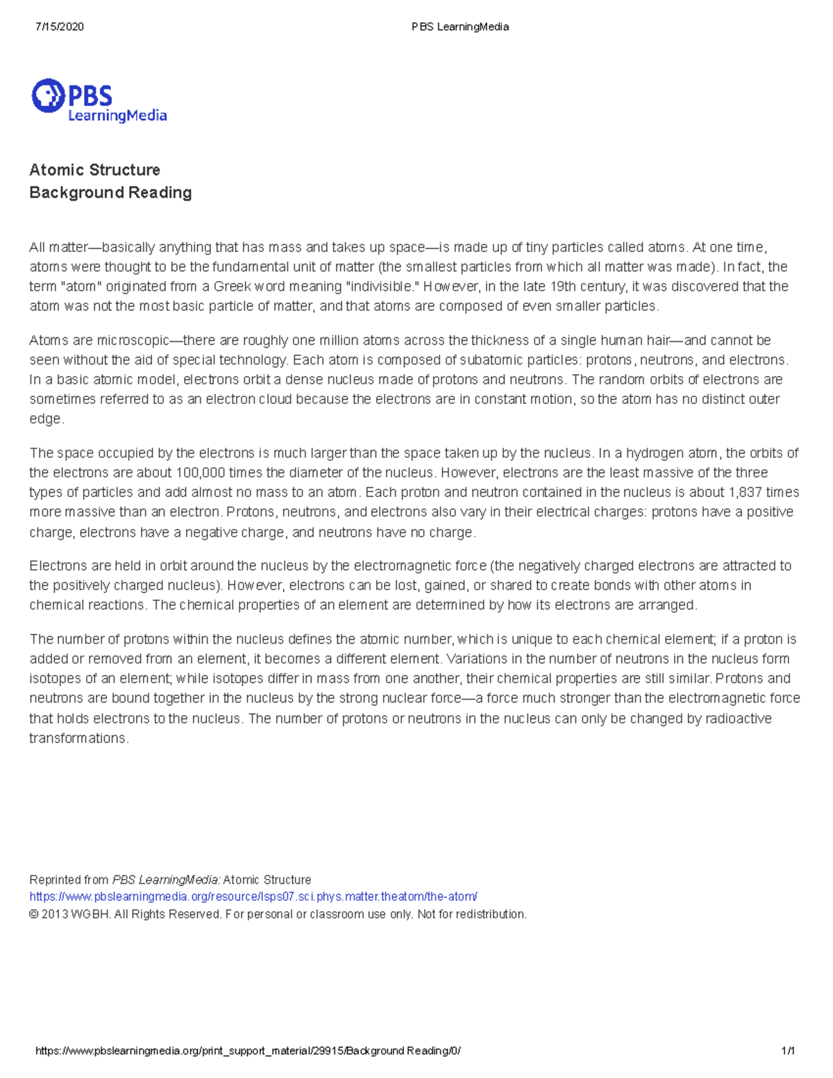 PBS Atomic Structure Background - 7/15/2020 PBS LearningMedia - Studocu