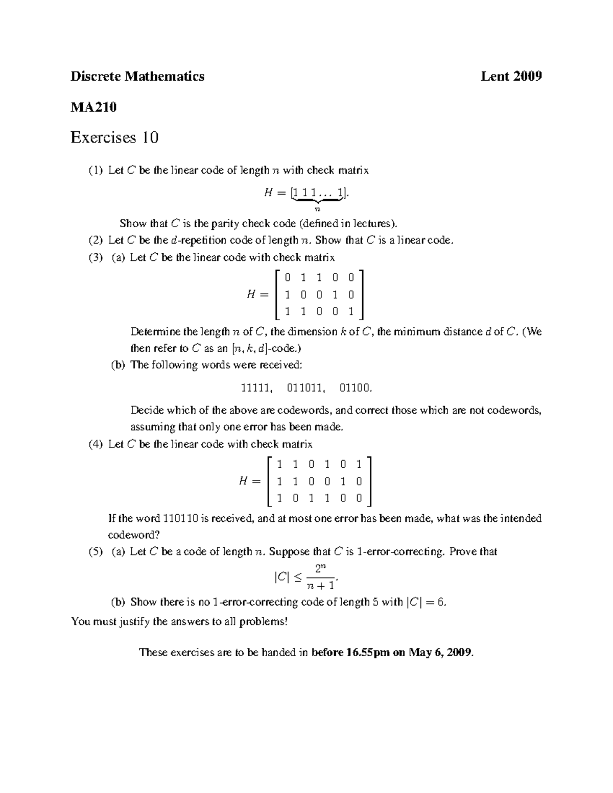 MA210 2009-2010 Week 10 Exercises - Discrete Mathematics Lent 2009 MA ...