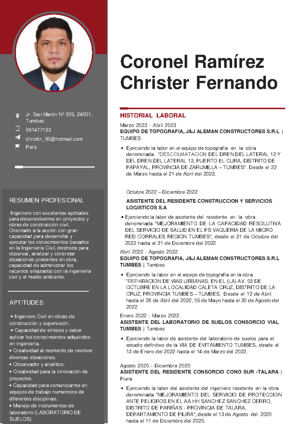 Coronel Ramirez,Christer Fernando - Coronel Ramírez Christer Fernando HISTORIAL LABORAL Marzo ...