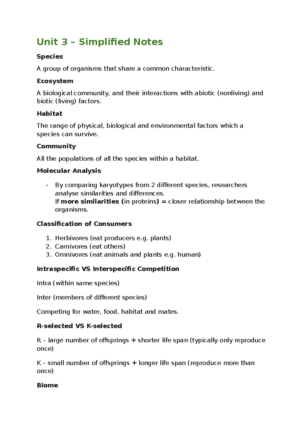 Biology - Unit 3 Simplified Notes - Unit 3 – Simplified Notes Species A ...