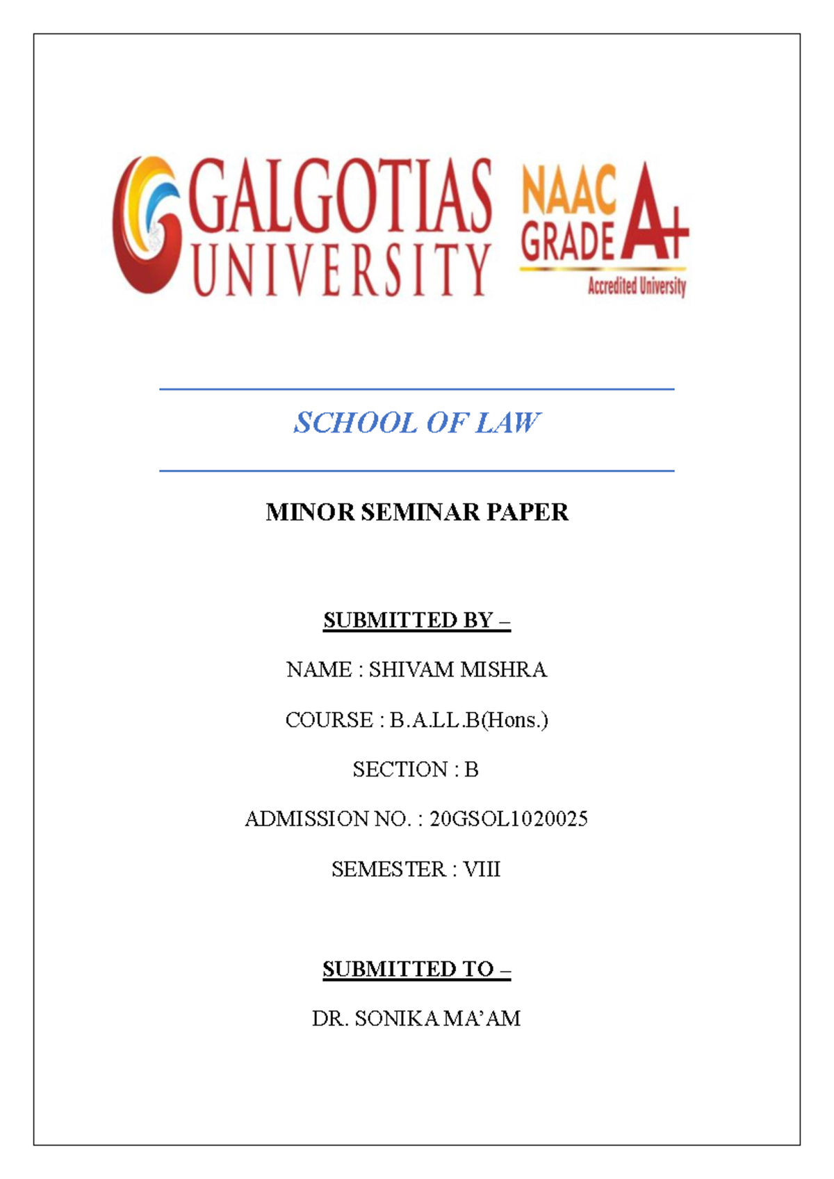 Minor Seminar Paper VIII sem - SCHOOL OF LAW MINOR SEMINAR PAPER ...