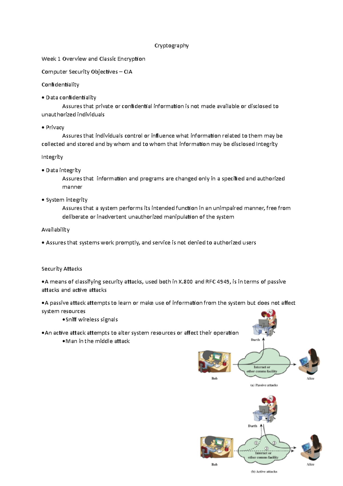 Cryptography - Cryptography Week 1 Overview and Classic Encryption Computer Security Objectives ...