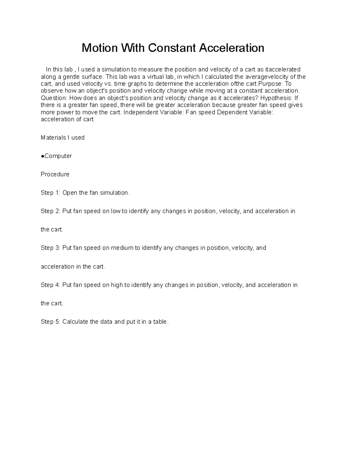 Motion With Constant Acceleration - This lab was a virtual lab, in which I calculated the - Studocu