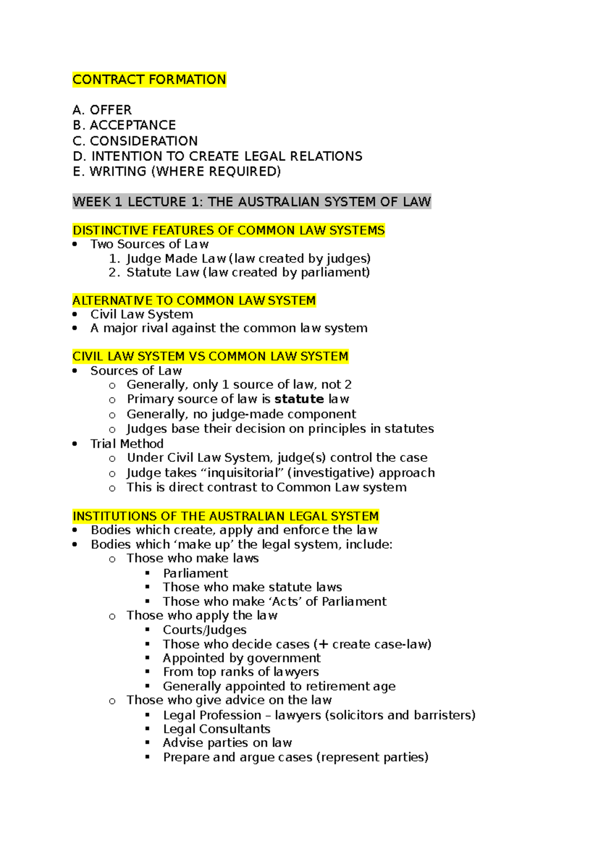 LAW Lectures - CONTRACT FORMATION A. OFFER B. ACCEPTANCE C. CONSIDERATION D. INTENTION TO CREATE ...