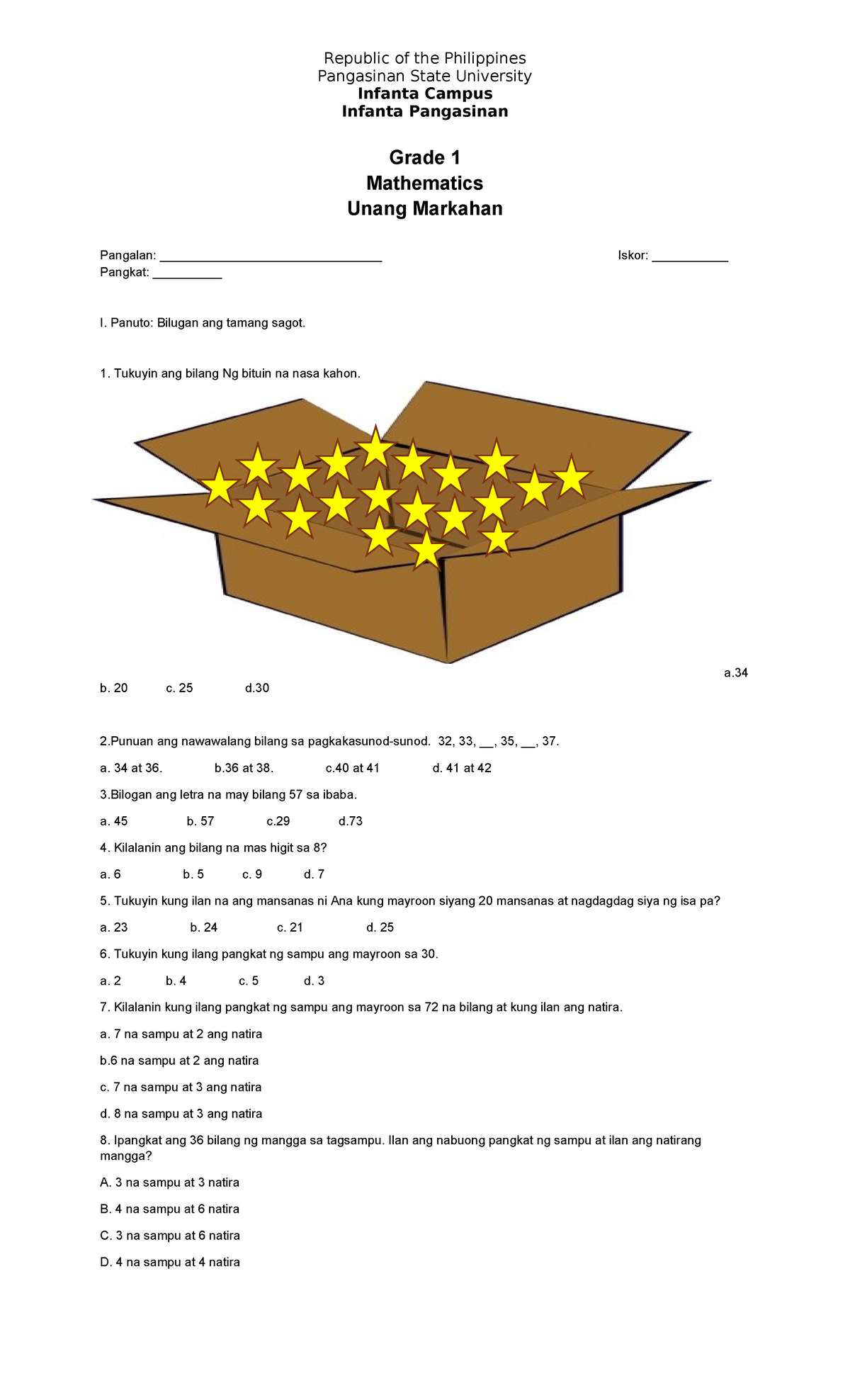 Math Exam - Example of Grade 1 Math examination - Republic of the ...