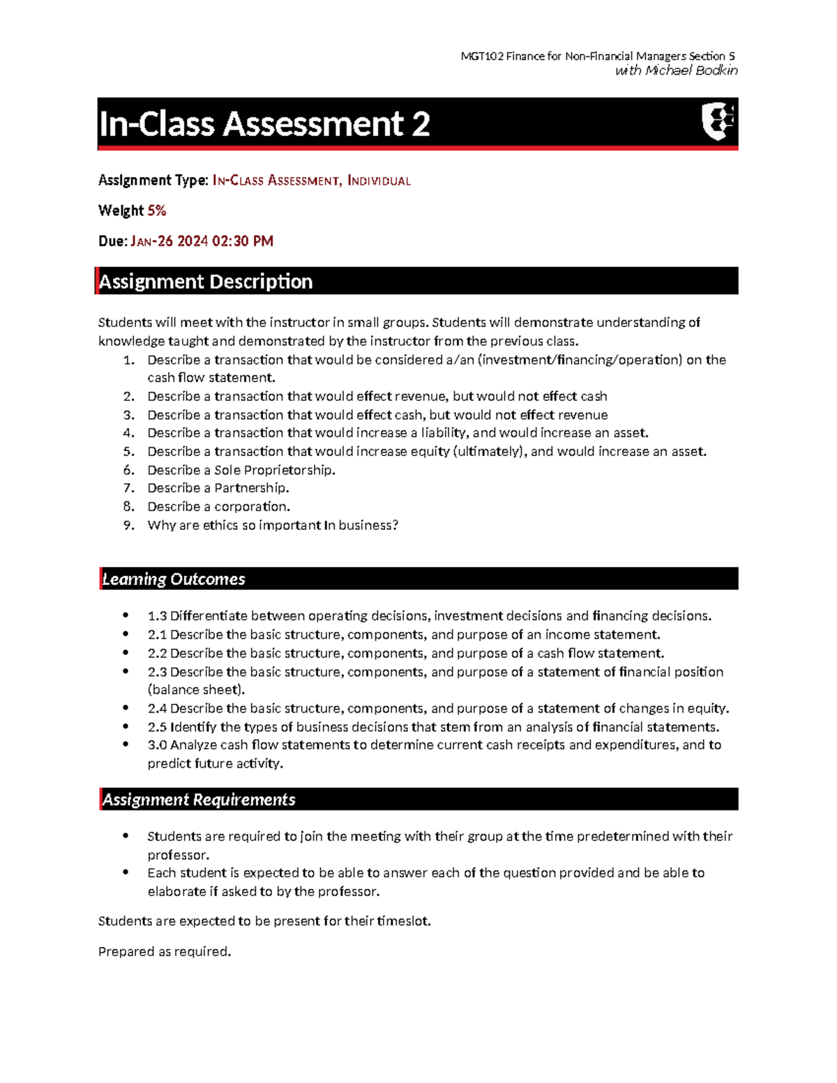 MGT ICA 1 - test - MGT102 Finance for Non-Financial Managers Section 5 ...