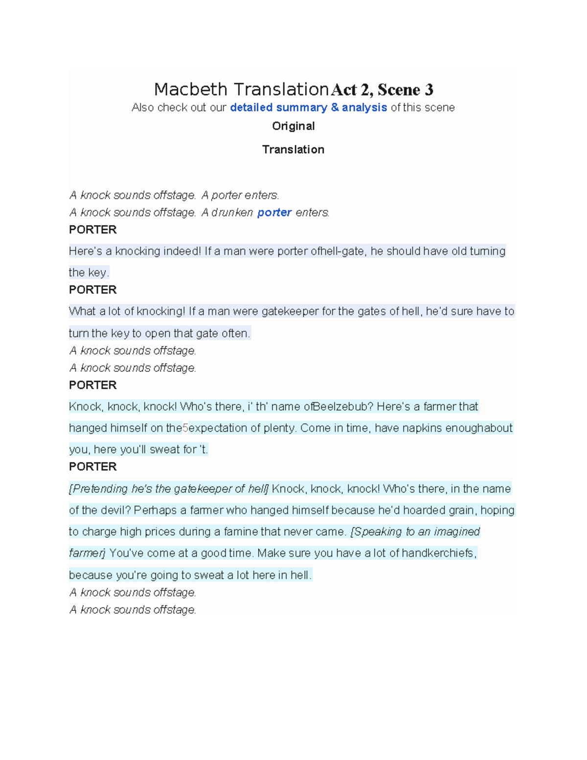 Macbeth Translation Act 2 - A porter enters. A knock sounds offstage. A ...