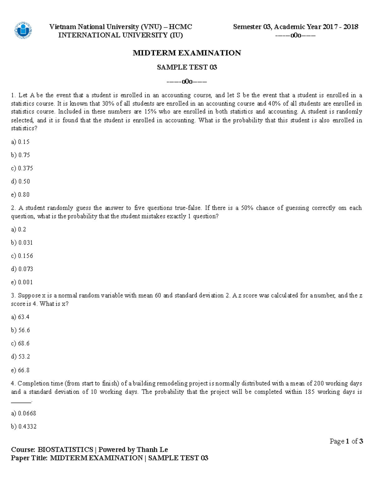 Biostat Midterm Exam Sample Test 03 Vietnam National University Vnu