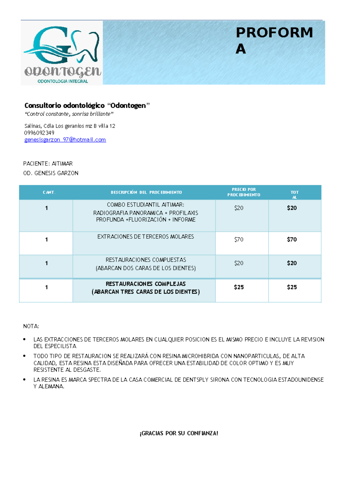 Proforma Dental Deluxe - PROFORM A Consultorio odontológico “Odontogen ...