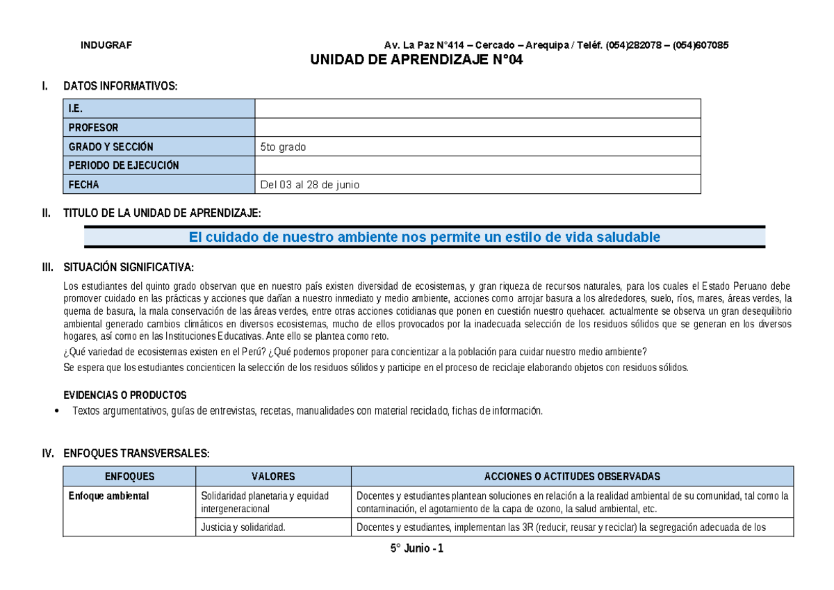 5° Grado - Unidad DE Aprendizaje N°04 - UNIDAD DE APRENDIZAJE N° I. DATOS INFORMATIVOS: I ...