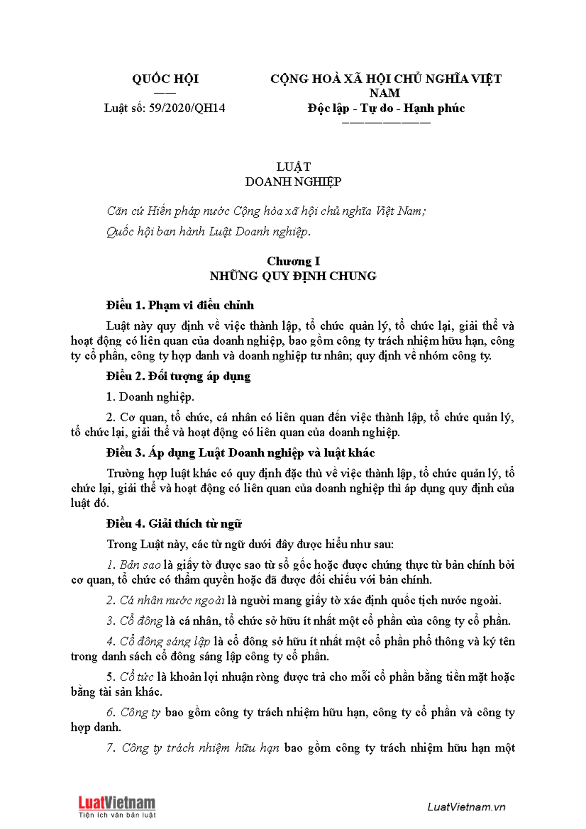 Luat doanh nghiep 2020 - rsgds - QUỐC HỘI Luật số: 59 /2020/QH CỘNG HOÀ ...