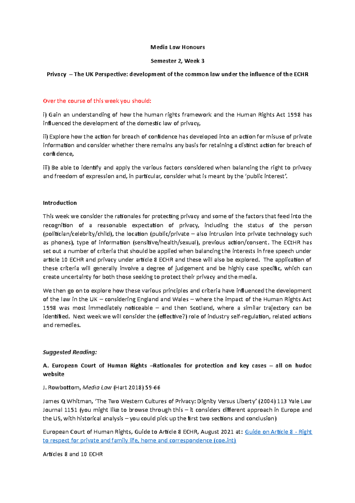 Privacy Media Law Honours - Media Law Honours Semester 2, Week 3 Privacy – The UK Perspective ...