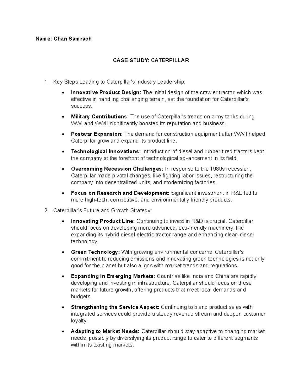 CASE Study Caterpillar - Chan Samrach - Name: Chan Samrach CASE STUDY: CATERPILLAR Key Steps ...