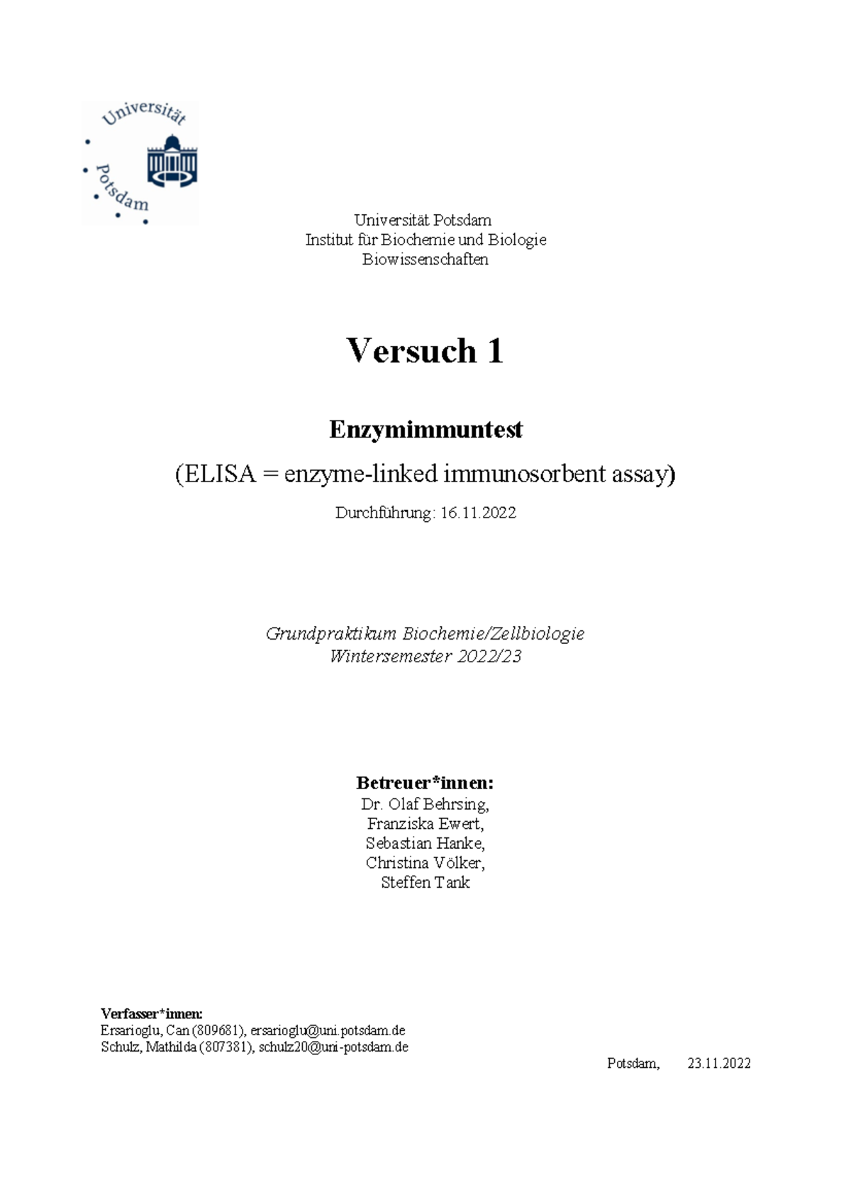 Versuch 1 Elisa - Universität Potsdam Institut für Biochemie und Biologie Biowissenschaften ...