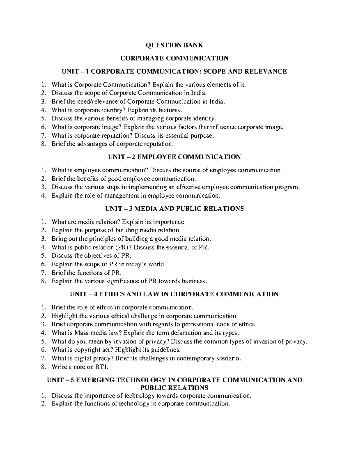 Corporate Communication - Question Bank - QUESTION BANK CORPORATE ...