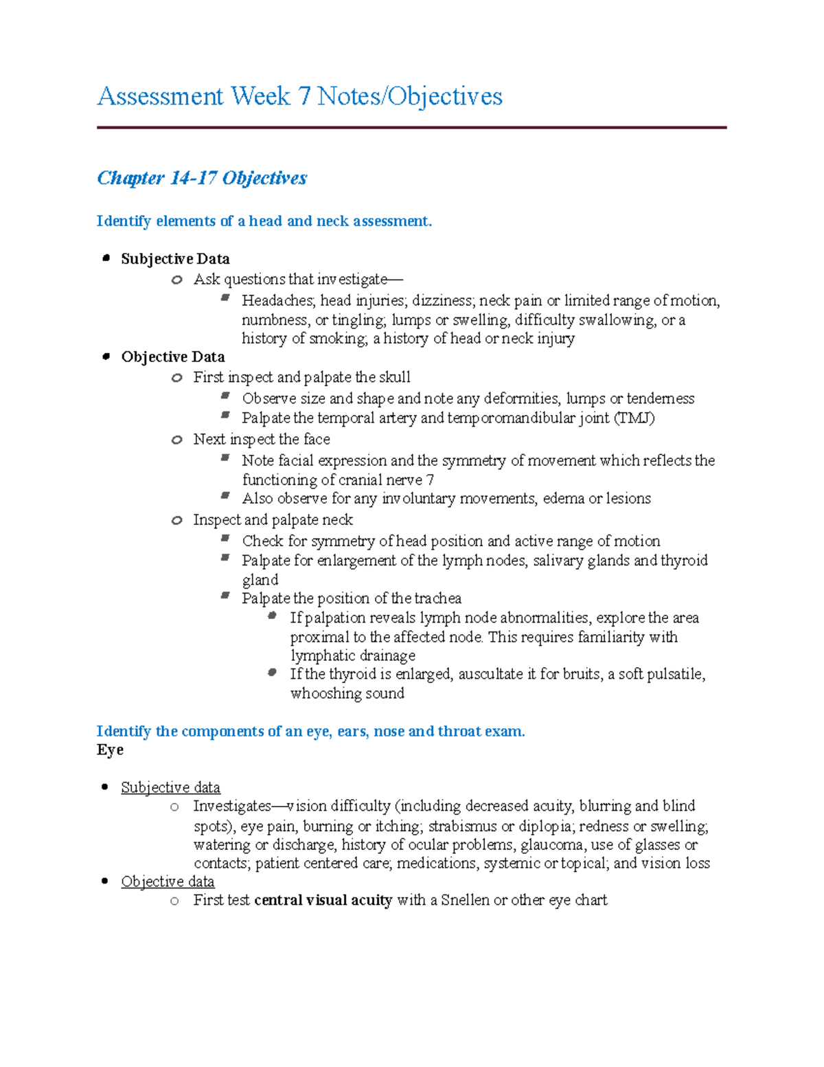 Week 7 Notes - week 7 - Assessment Week 7 Notes/Objectives Chapter 14 ...