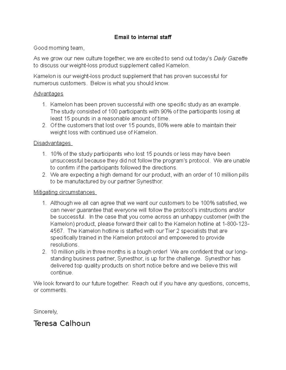 Email to employees - Email to internal staff Good morning team, As we ...