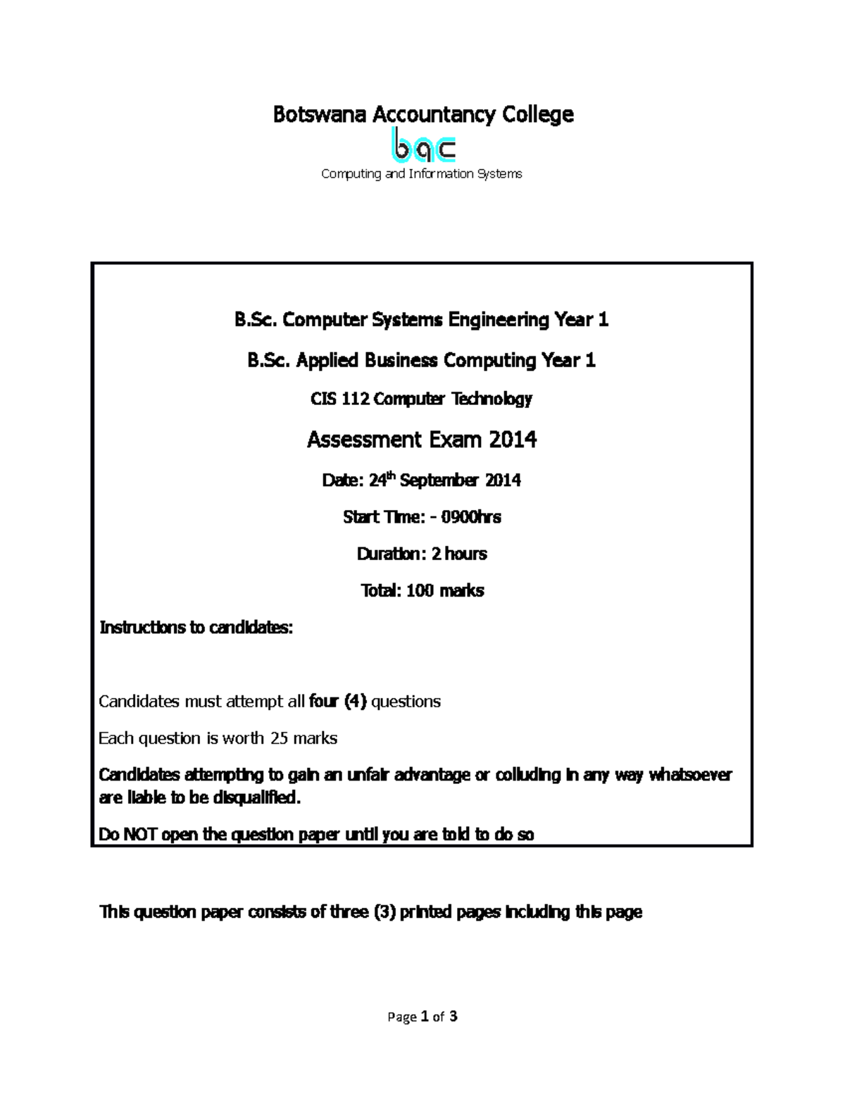 CIS 112 Computer Technology assessment - Botswana Accountancy College ...