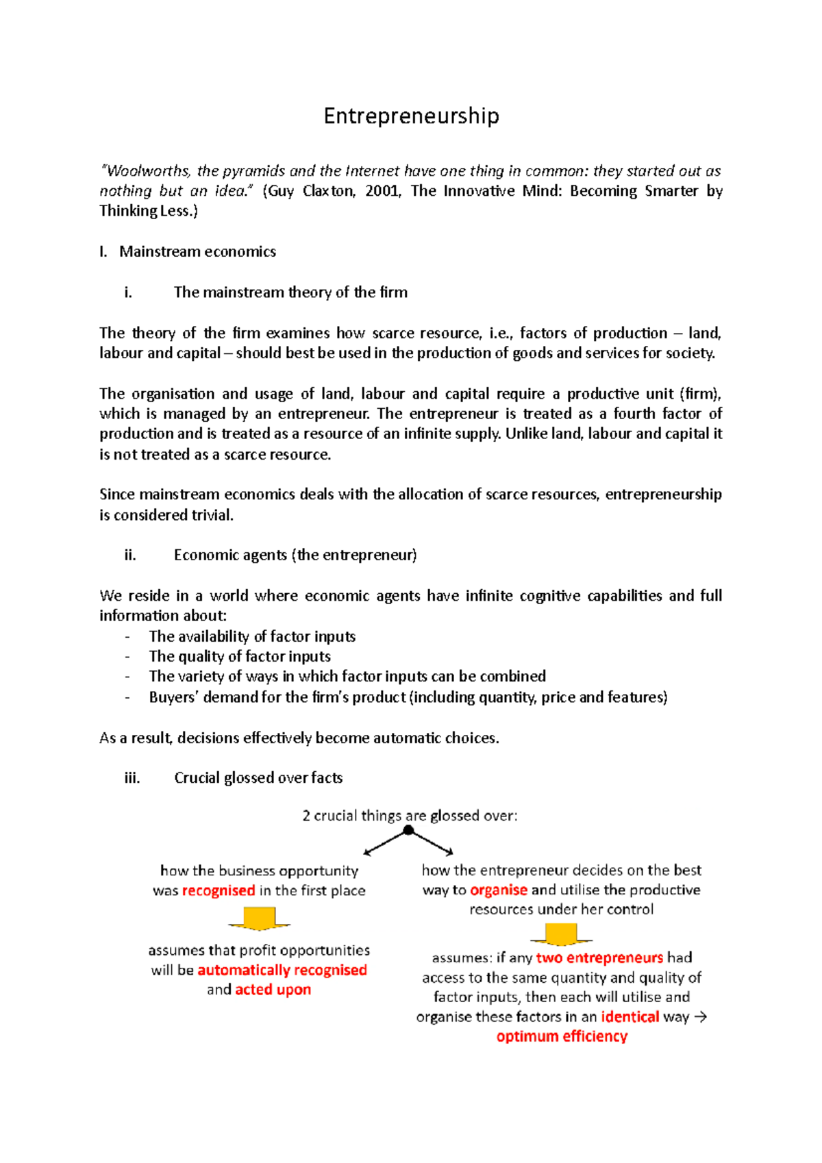 Entrepreneurship - Lecture Notes - Entrepreneurship “Woolworths, the ...