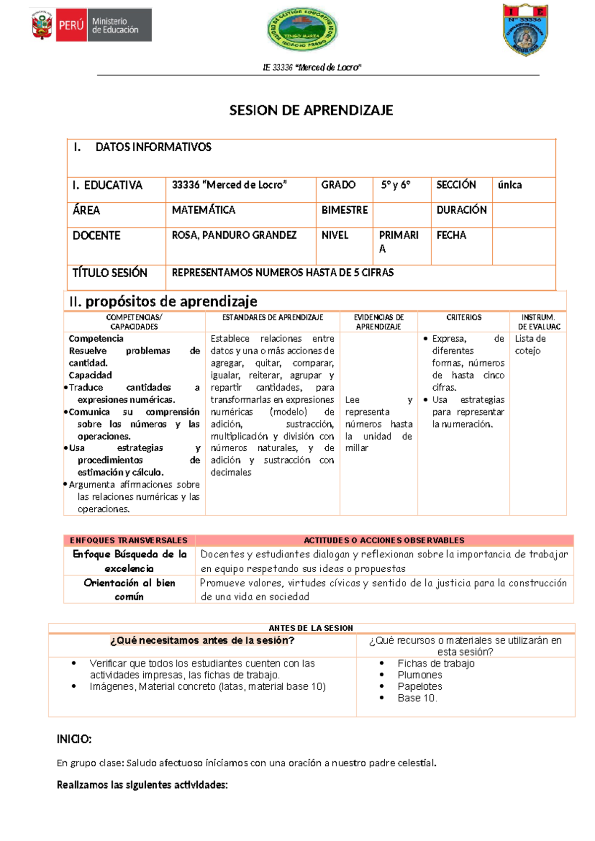 convivencia armoniosa - SESION DE APRENDIZAJE I. DATOS INFORMATIVOS I. EDUCATIVA 33336 “Merced ...