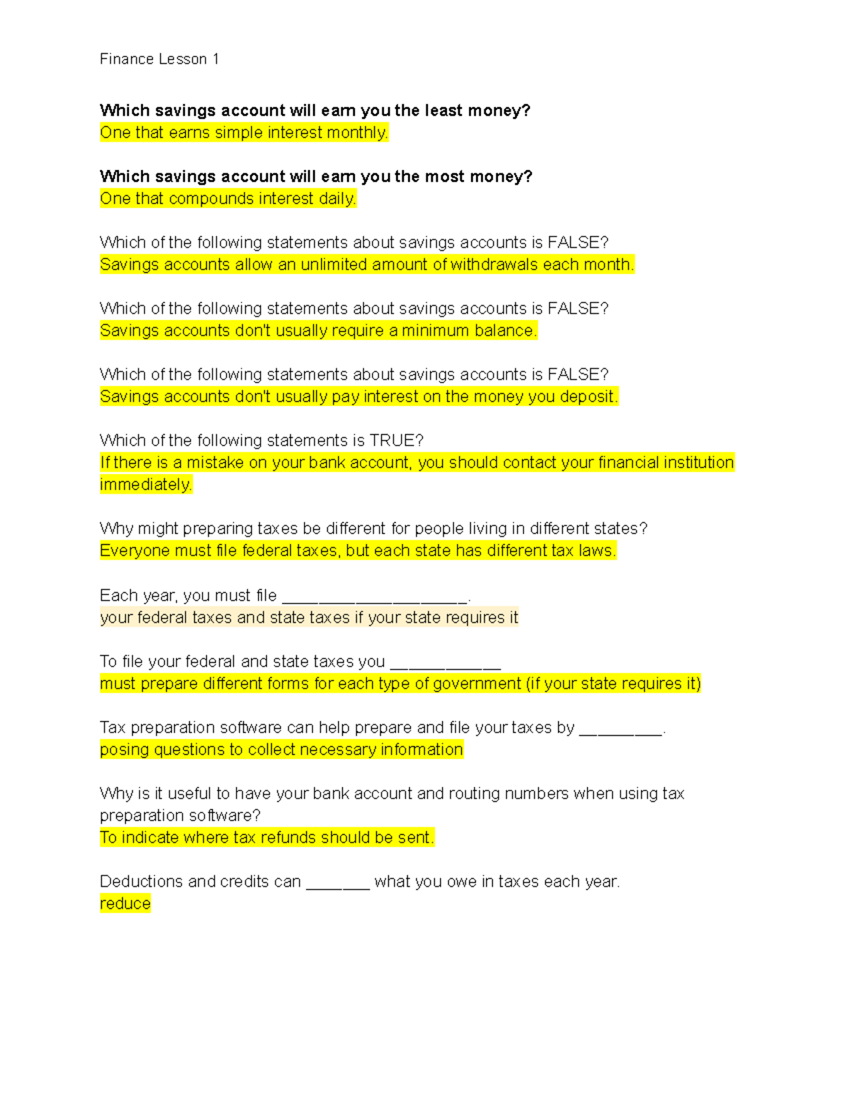 Personal Finance Unit 1 - Finance Lesson 1 Which savings account will ...